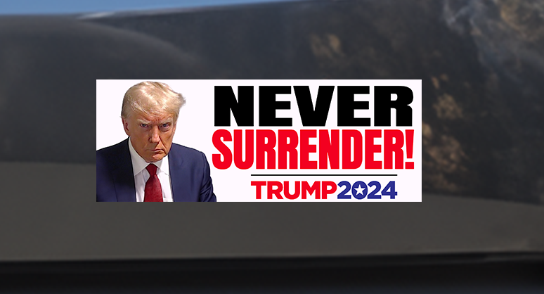 Trump NEVER Surrender Mugshot 2024 Sticker – Patriot Powered Products